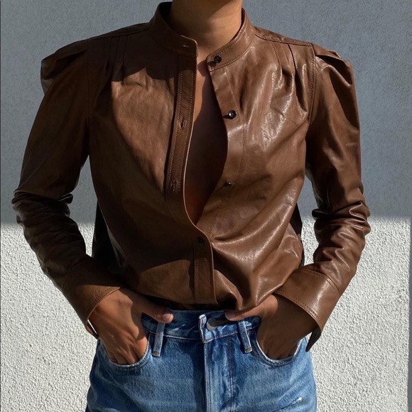 Frame Denim | Tops | Frame Charlie Puff Sleeve 0 Lamb Leather Shirt ...